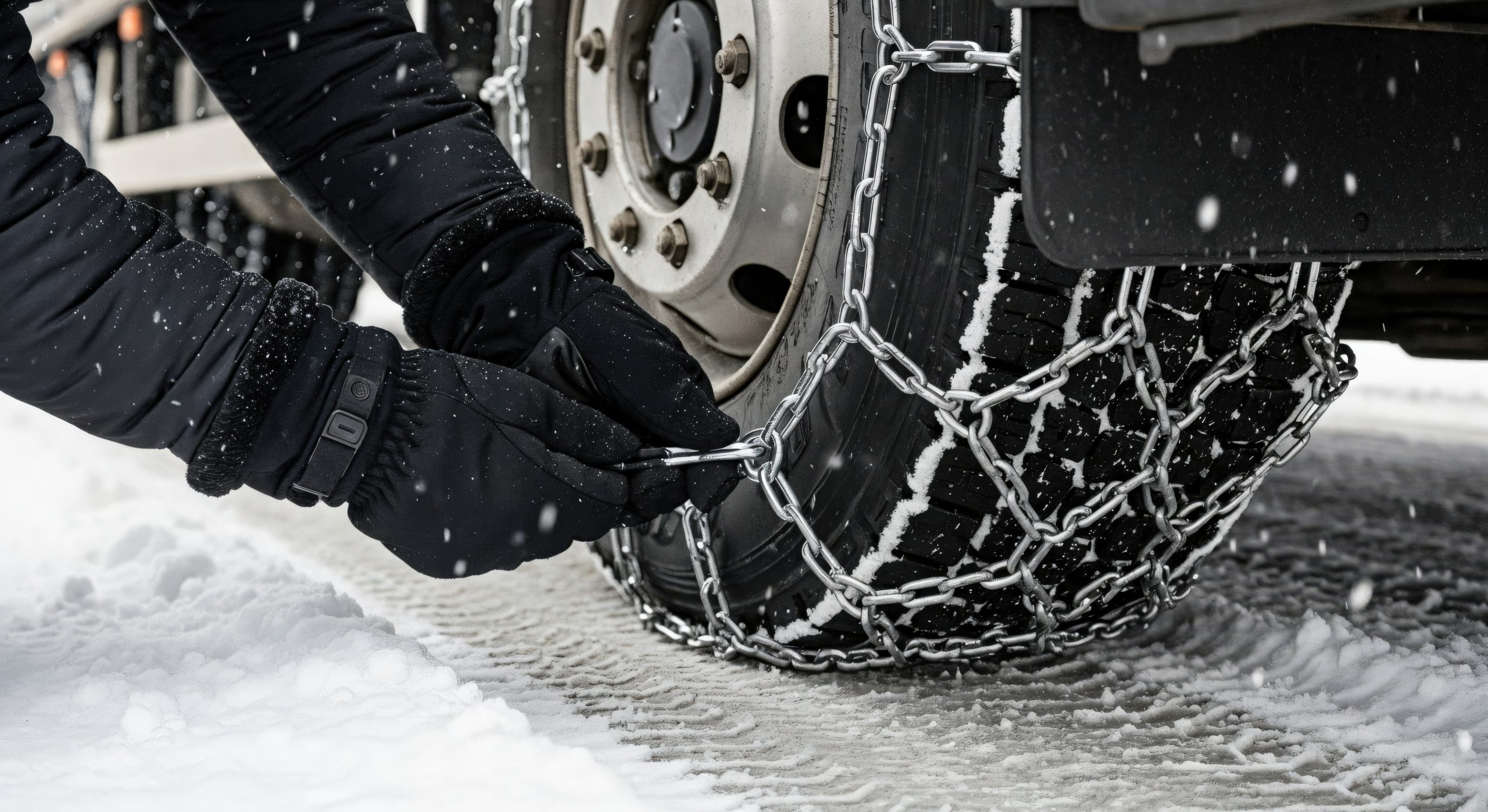 Gloved hands fitting metal snow chains onto a large vehicle tire in a ...